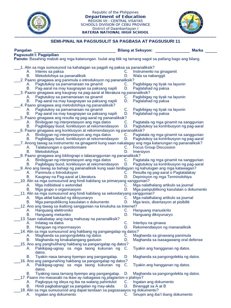 Pagbasa at Pagsusuri Exam | PDF