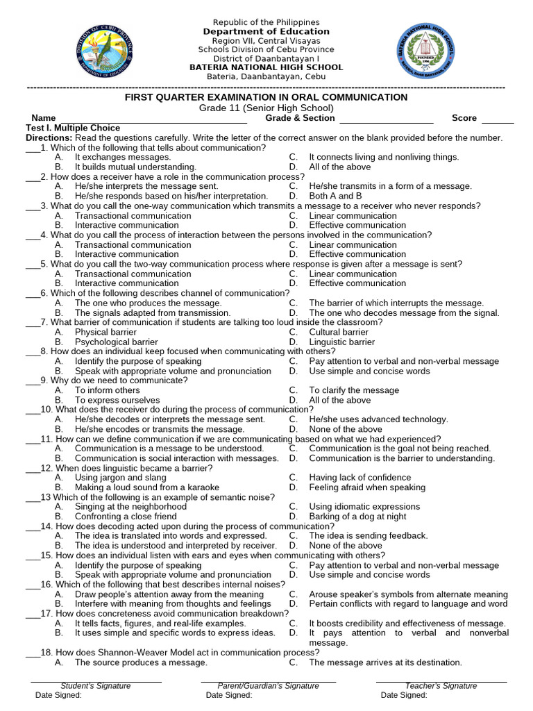 ORAL COMMUNICATION EXAM | PDF | Communication | Nonverbal Communication