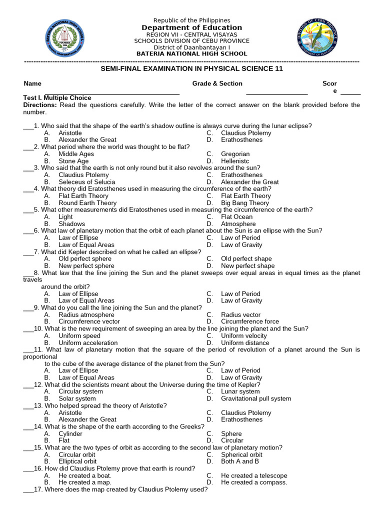 Physical Science Exam | PDF | Orbit | Planets