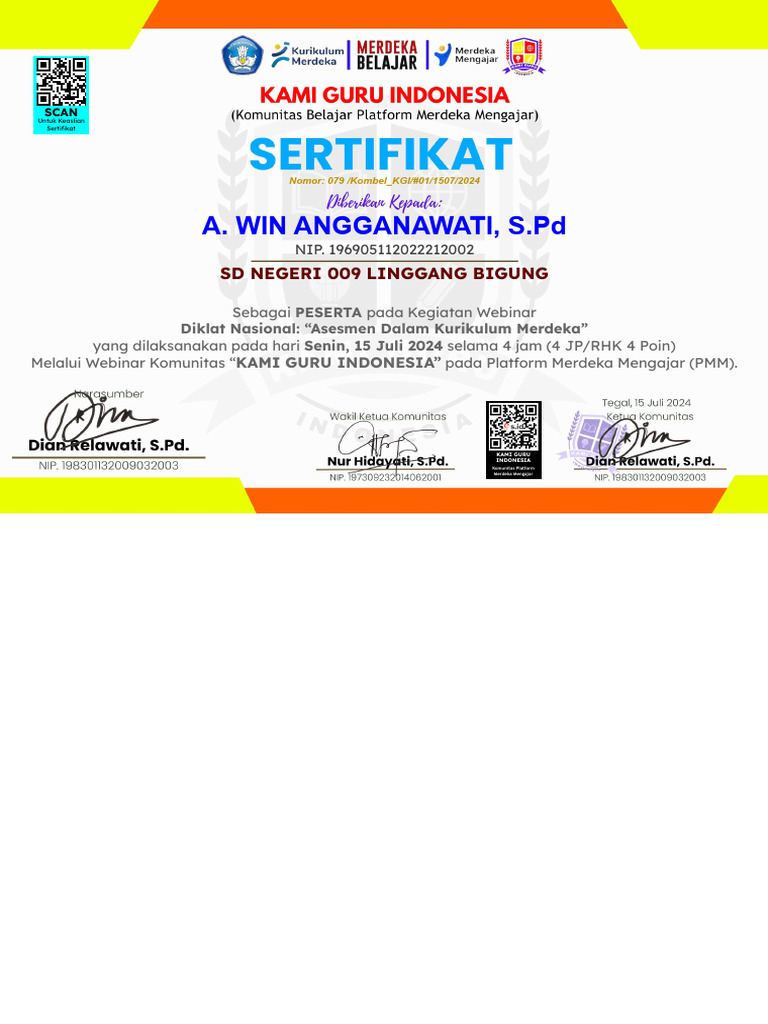 A. WIN ANGGANAWATI, S.PD - SERTIFIKAT KGI #01 - Diklat Nasional - Asesmen Dalam Kurikulum ...