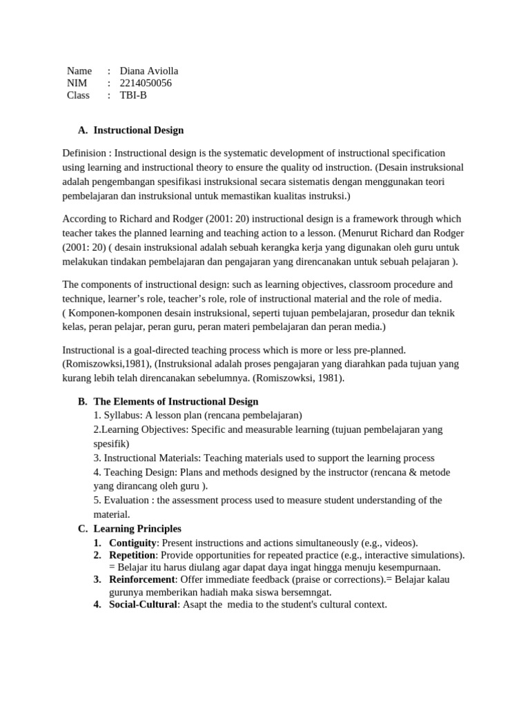 Catatan Instructional Design Diana | PDF | Instructional Design | Learning