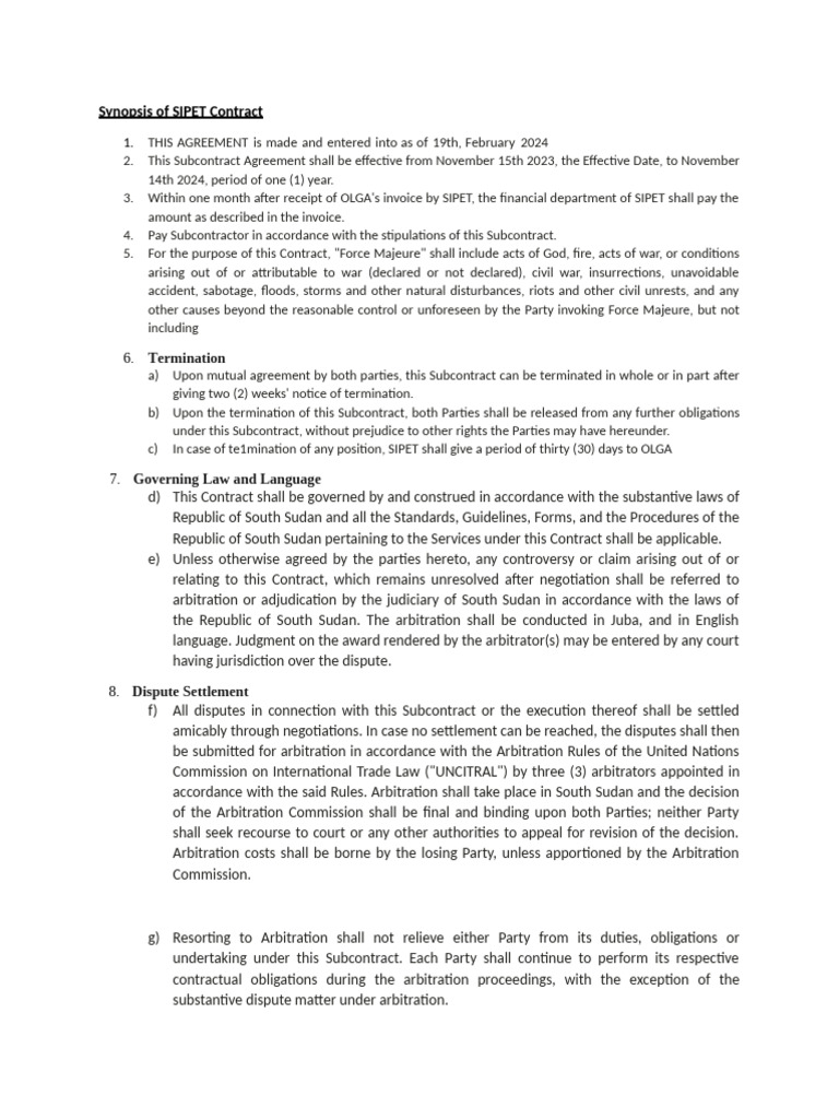 SIPET Subcontract Agreement Overview | PDF | Arbitration | Common Law