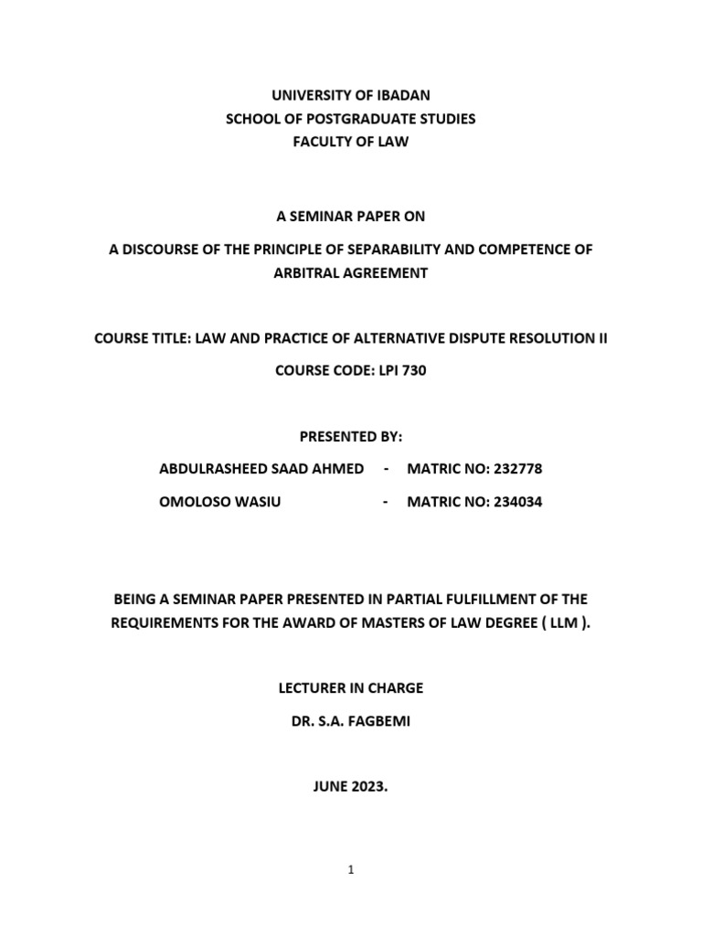 A Discourse of The Principle of Separability and Competence of Arbitral ...
