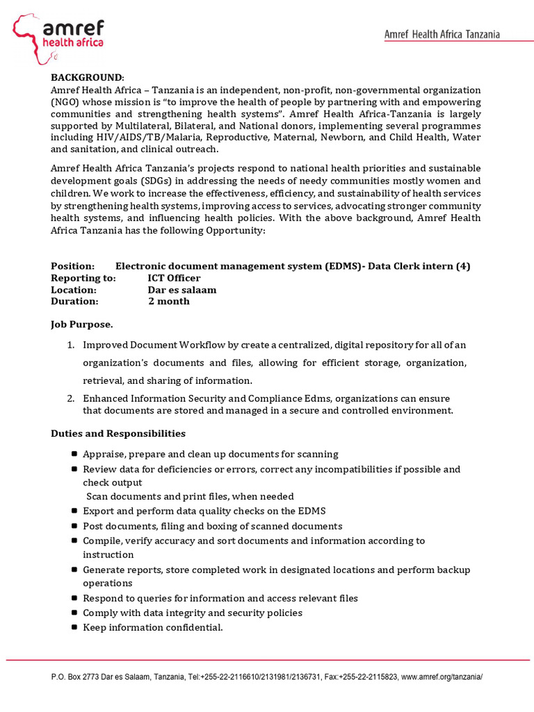 Data Clerks Intern JD Revised | PDF | Tanzania | Non Governmental ...