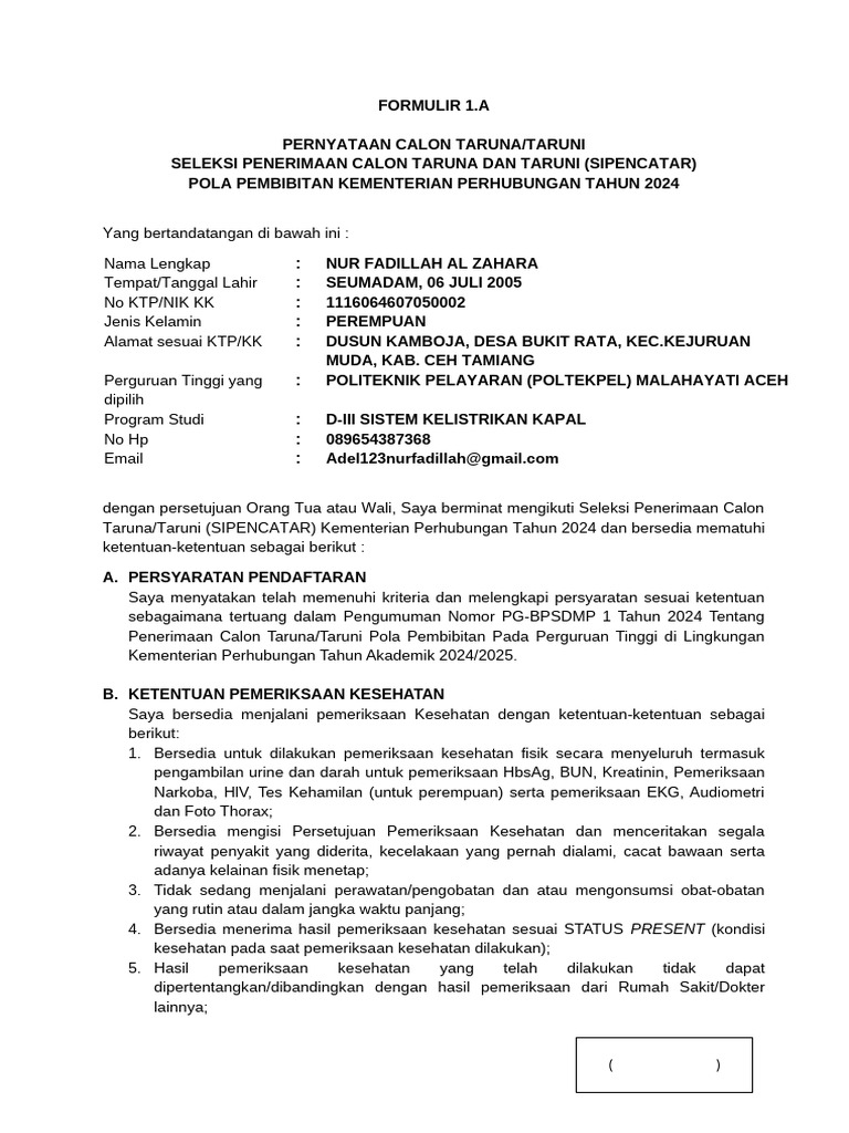 Formulir SIPENCATAR 2024 Nur Fadillah | PDF