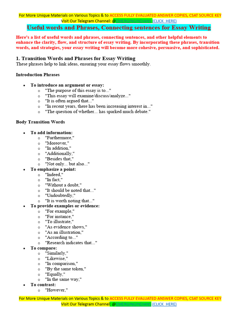ESSAY-TRANSITION&CONNECTING WORDS&PHRASES New | PDF | Essays | Argument