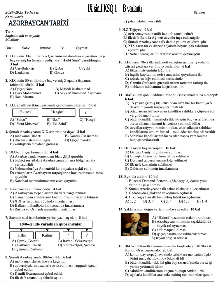 IX Sinif KSQ 1 Az. (B Variantı) Hazır | PDF