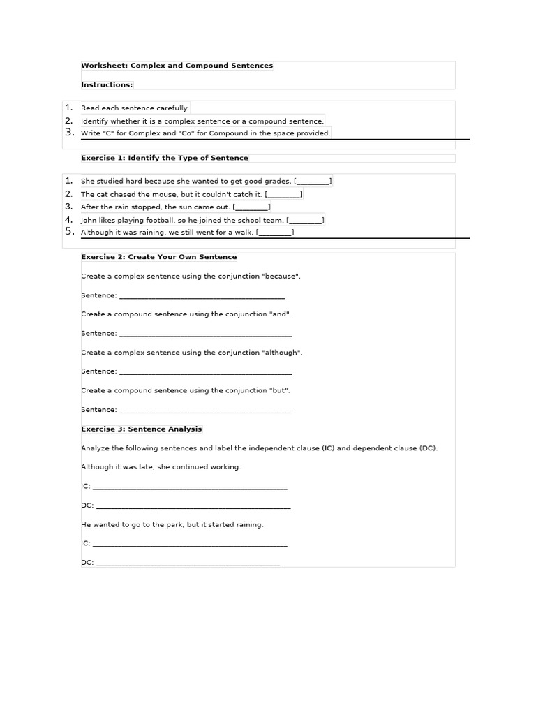 Compound and Complex Worksheet | PDF | Teaching Methods & Materials