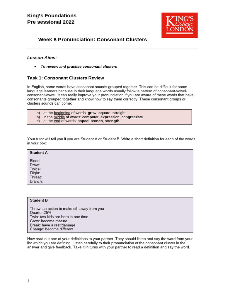 Pronunciation Practice: Consonant Clusters | PDF | Word | English Language