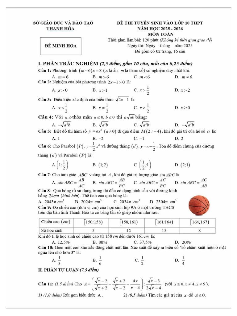 De Minh Hoa Ky Thi Vao 10 Mon Toan Nam 2025 2026 Tinh Thanh Hoa | PDF