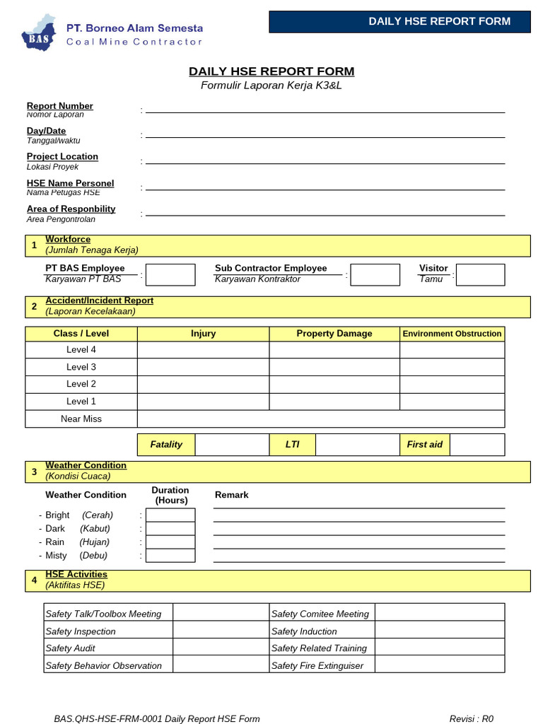 BAS.QHS-HSE-FRM-0001 Daily Report Form HSE | PDF | Emergency Management ...