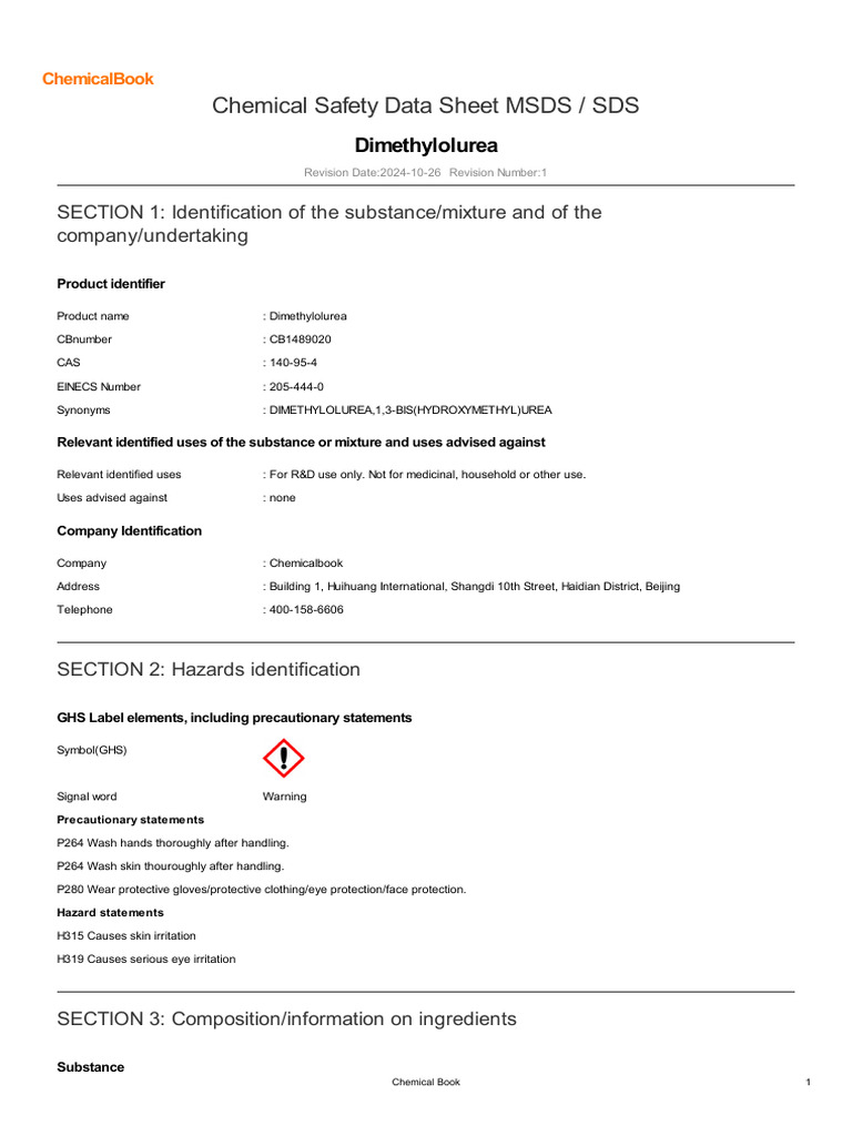 Dimethylolurea Msds | PDF | Dangerous Goods | Waste
