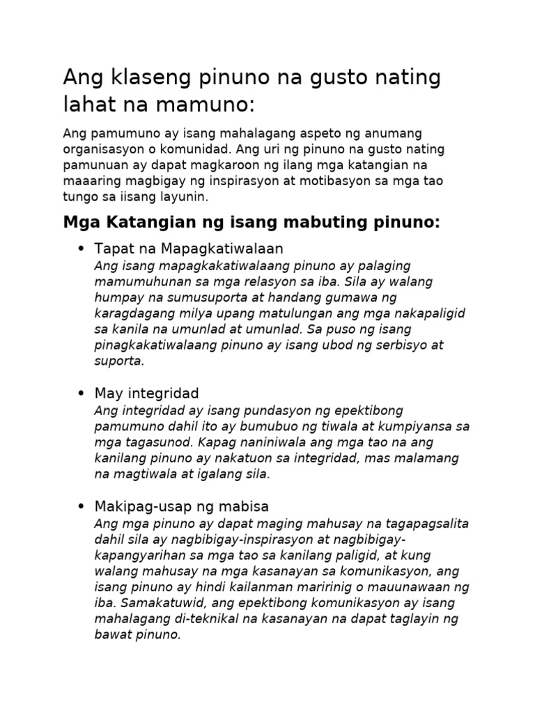 Ang Klaseng Pinuno Na Gusto Nating Lahat Na Mamuno | PDF