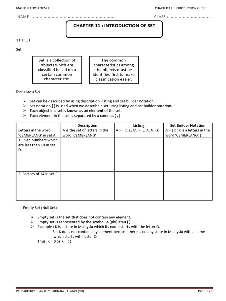 Chapter 11 Introduction of Set | PDF | Empty Set | Mathematical Concepts