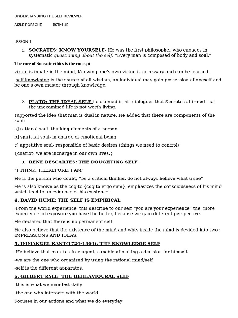 UNDERSTANDING THE SELF REVIEWER | PDF | Philosophy Of Self | Soul