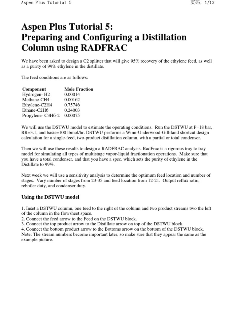 Aspen Plus Tutorial 5 Preparing and Configuring A Distillation Column Using RADFRAC | PDF ...
