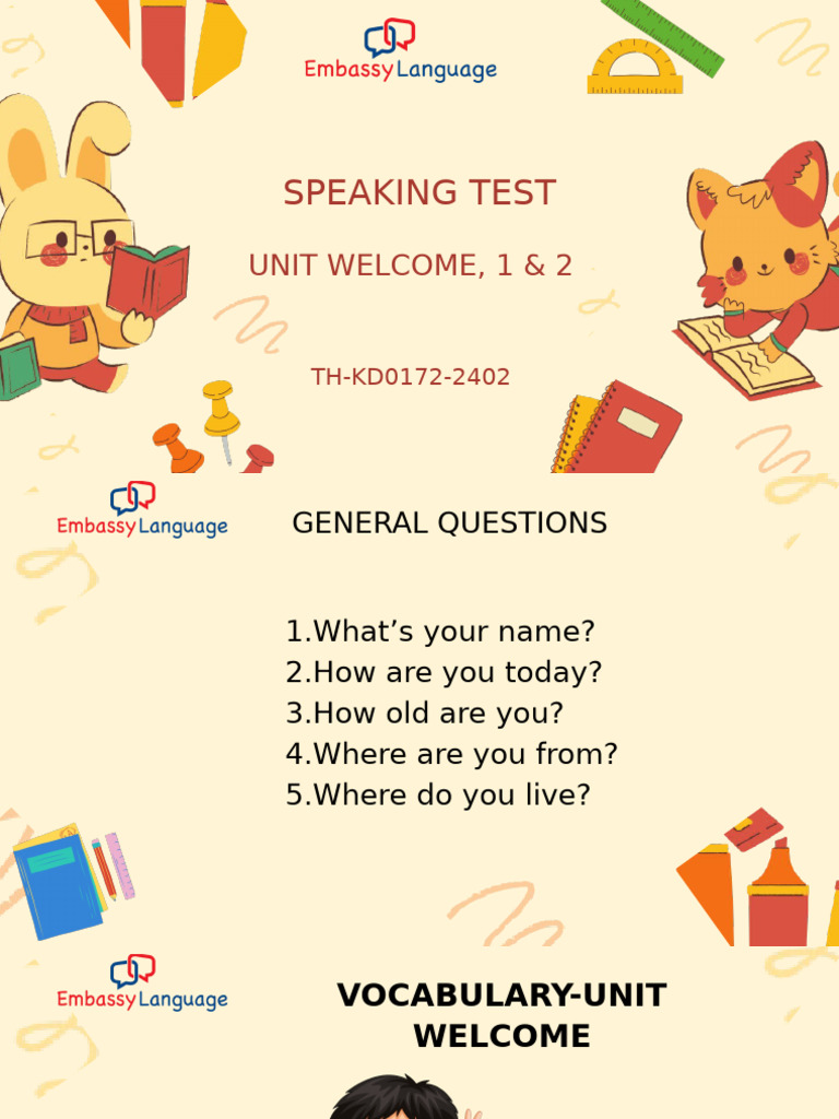 OLLIE 1-SPEAKING TEST-WELCOME, UNIT 1,2 | PDF