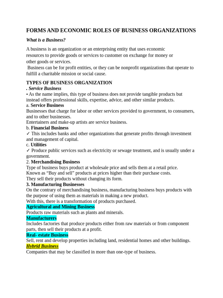 Types and Roles of Business Organizations | PDF | Partnership | Cooperative