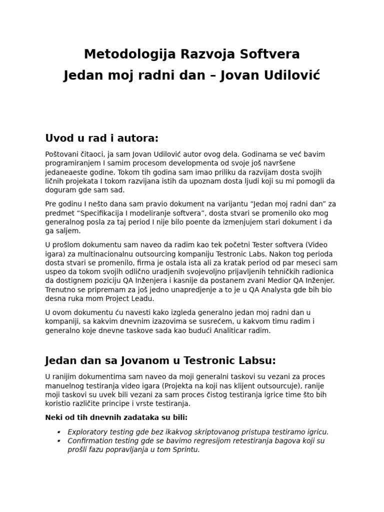 Metodologija Razvoja Softvera - Jovan Udilovic-1 | PDF