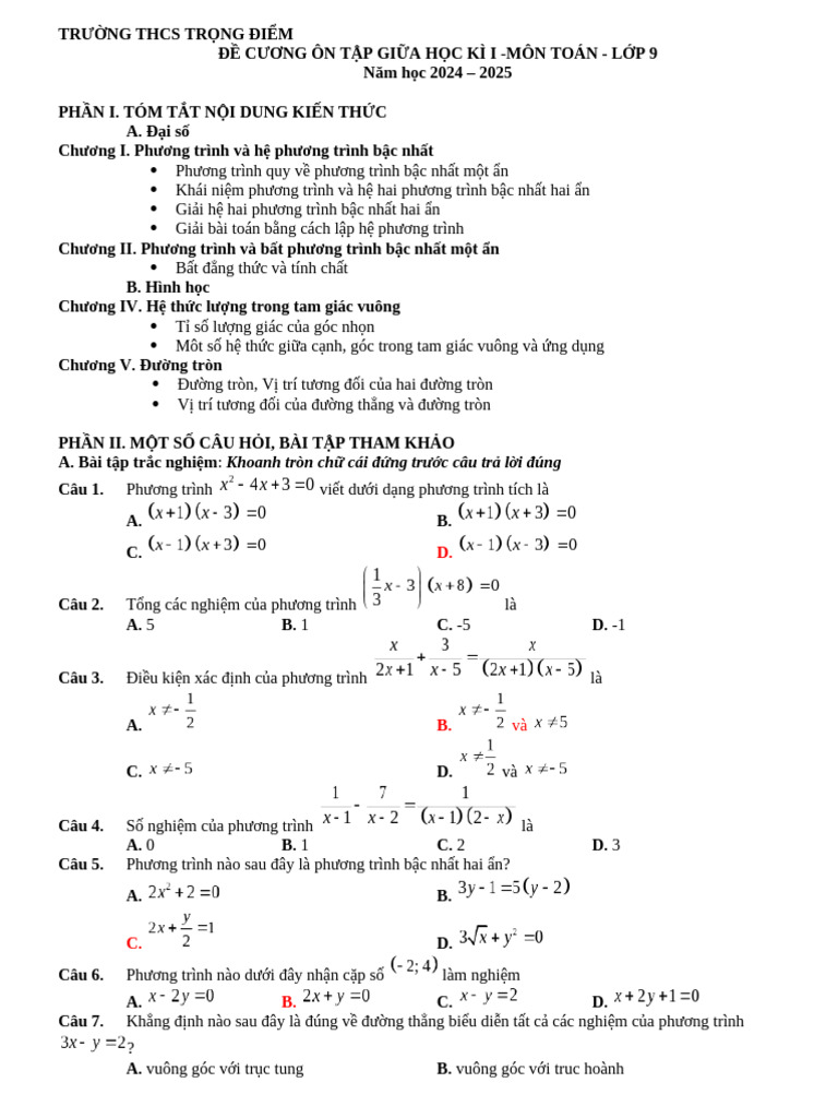 De-Cuong GK1 - Toán 9 | PDF