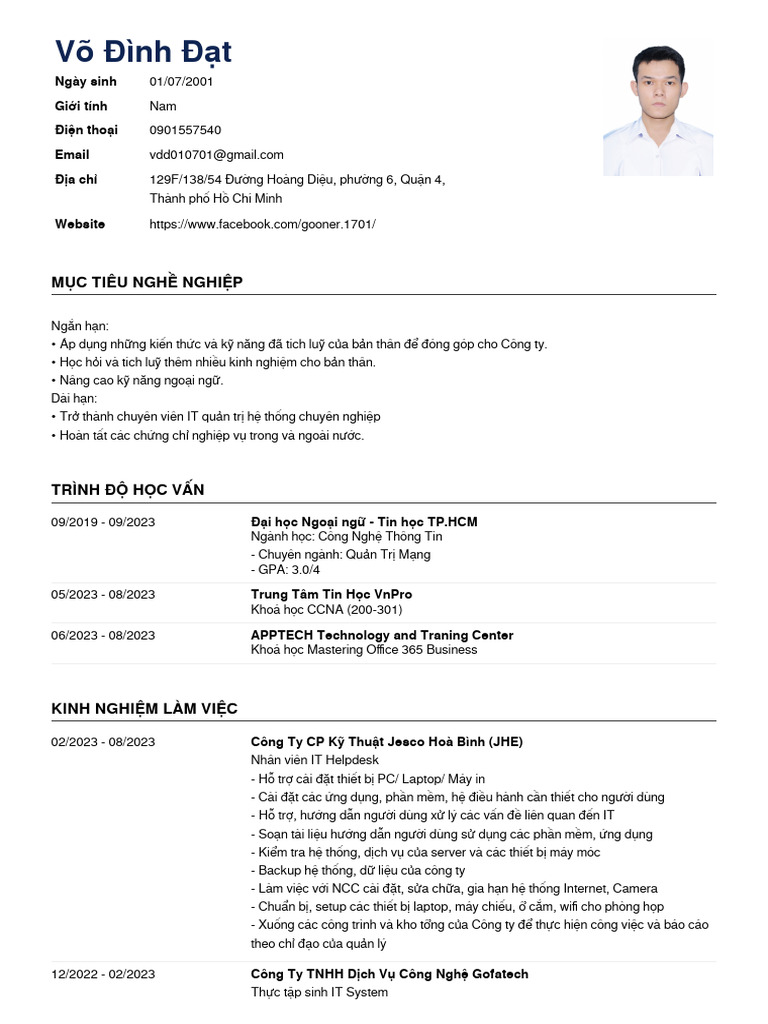 Vo Dinh Dat TopCV - VN 031023.95054 | PDF