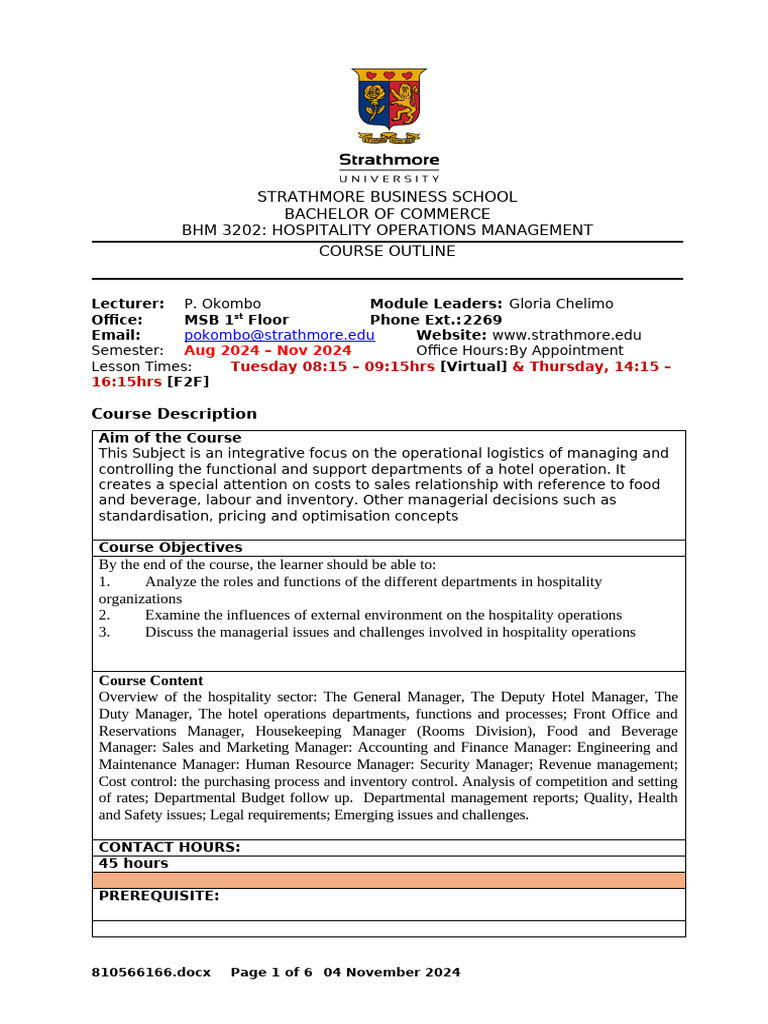 BHM 3202 Hosp Ops MGT Course Plan (BCom) - Aug - Nov 2024 | PDF | Inventory | Pricing