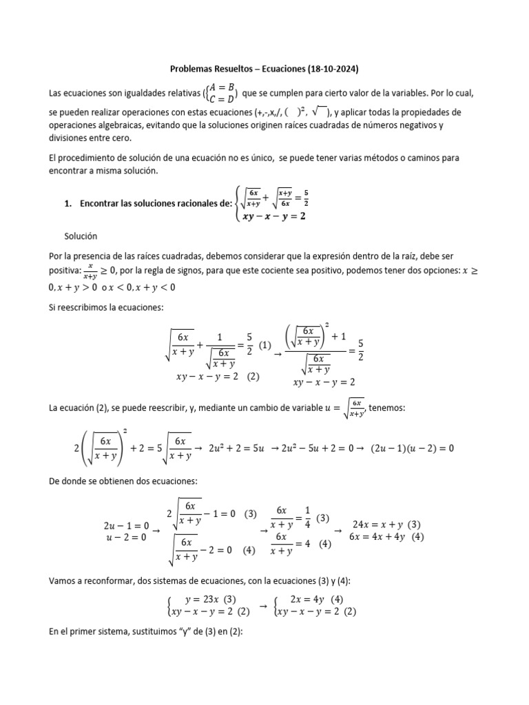 ProbResMAT - 18 10 2024 | PDF | Raíz cuadrada | Ecuaciones
