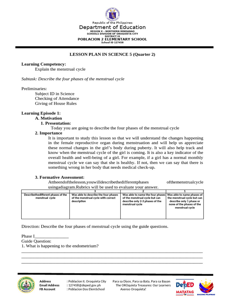 LESSON PLAN SCIENCE 5 2ND QUARTER-for observation | PDF | Menstrual ...