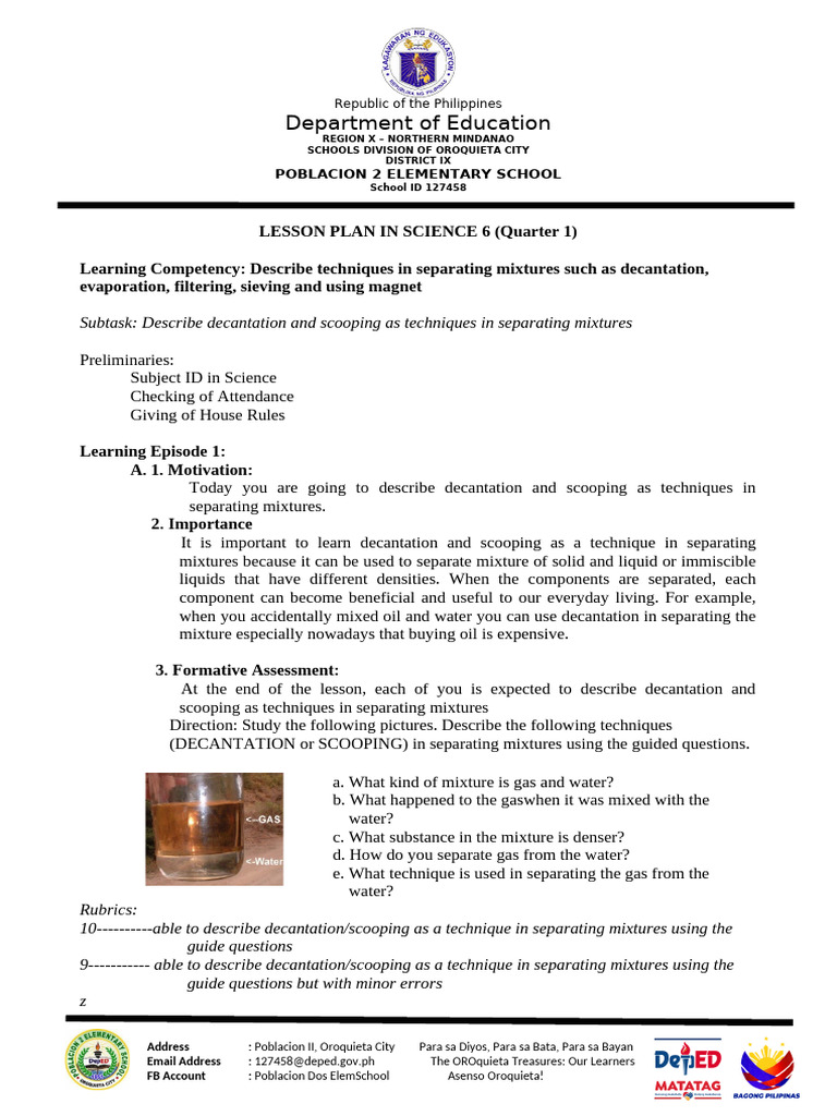 science 6 Lesson Plan COT 1-for demo | PDF | Mixture | Water