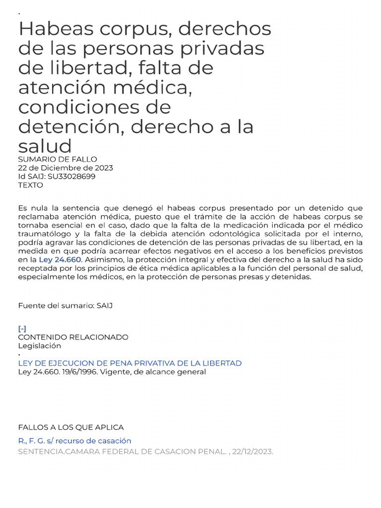 Habeas Corpus, Derechos de Las Personas Privadas de Libertad, Falta de Atención Médica ...