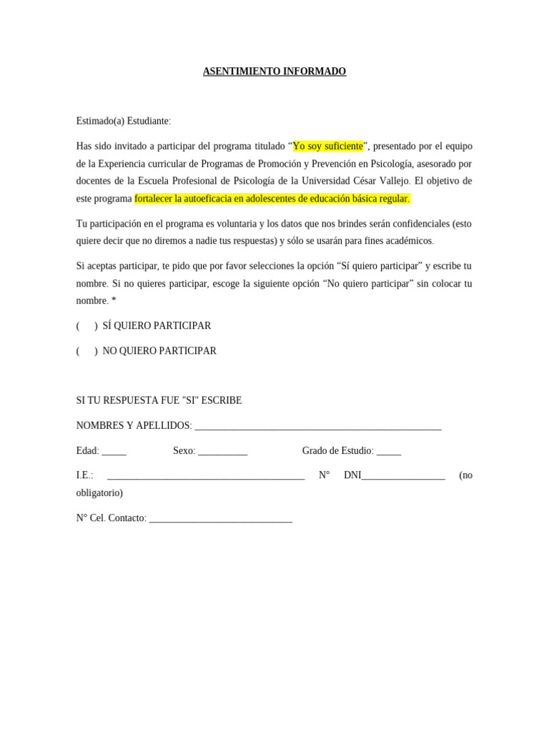 Asentimiento Informado Adolescentes | PDF | Relaciones personales ...