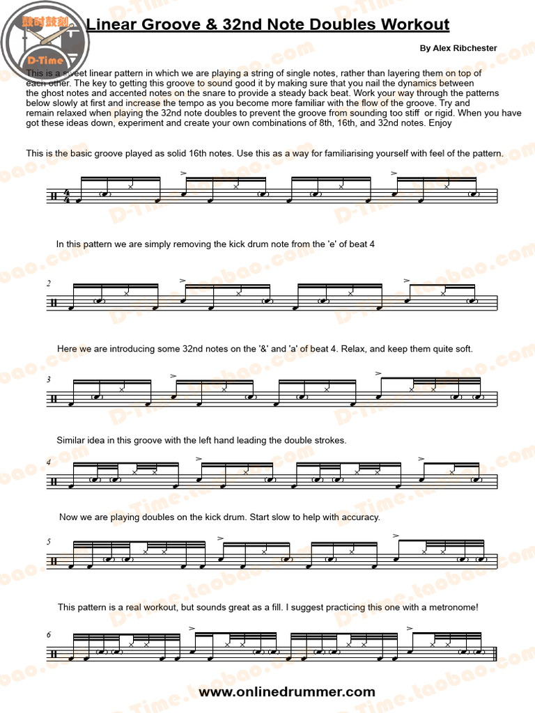 Linear Groove 32nd Note1 | PDF | Elements Of Music | Drumming