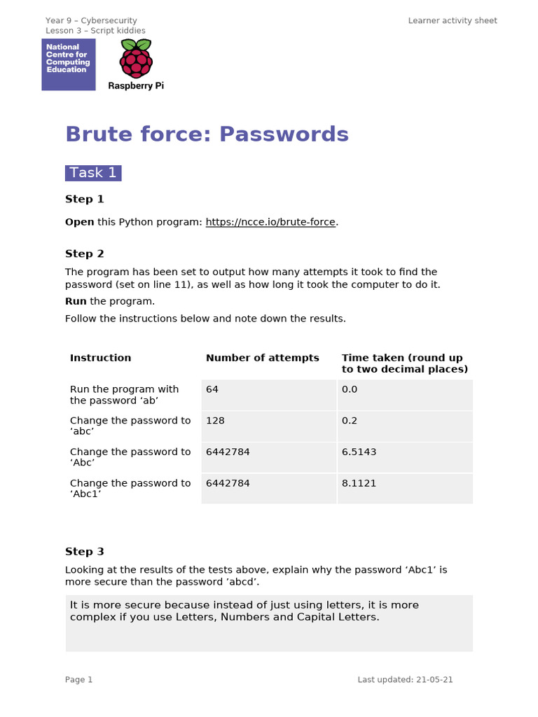 A3 Worksheet - Brute Force hARRISN C | PDF | Password | Computing