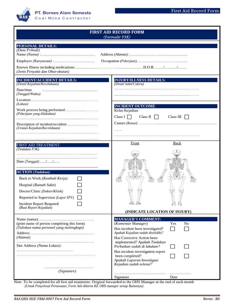 BAS - QHS-HSE-FRM-0007 First Aid Record Form | PDF | Health Care | Medicine