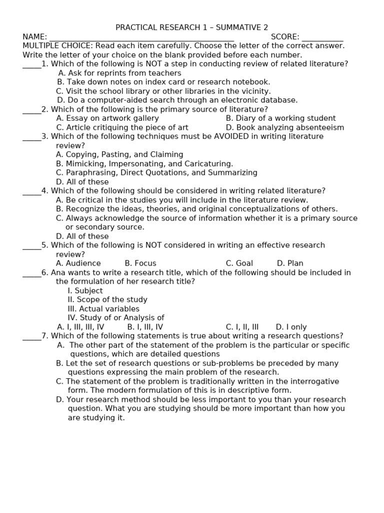 Practical Research 1 Summative Assessment | PDF | Sampling (Statistics ...