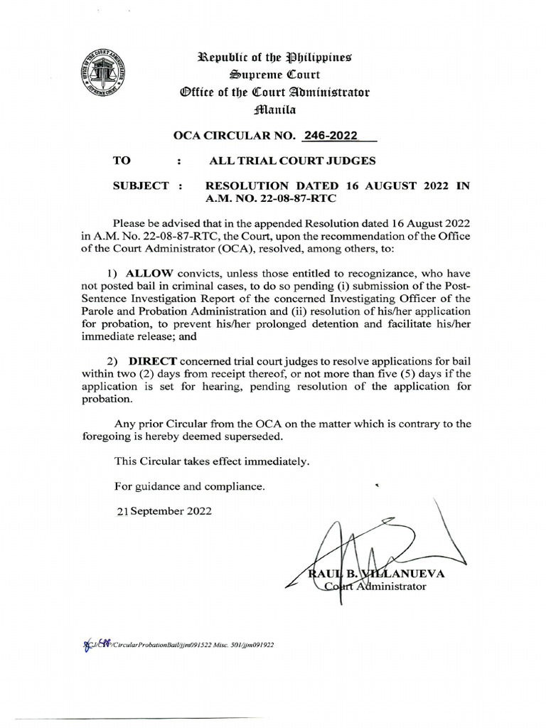 OCA Circular on Bail and Probation Rules | PDF | Law | Technology & Engineering