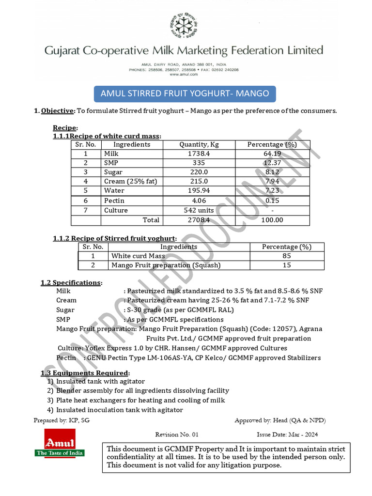 DOE Amul Stirred Fruit Yoghurt - Mango Revision 01 07032024 | PDF | Yogurt | Milk