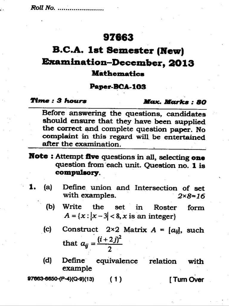 Bca 1 Sem Mathematics 97663 Dec 2013 | PDF