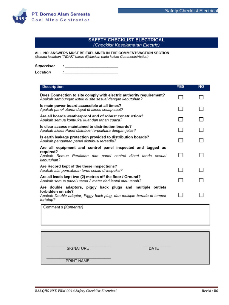 BAS - QHS-HSE-FRM-0014 Safety Checklist - Electrical | PDF