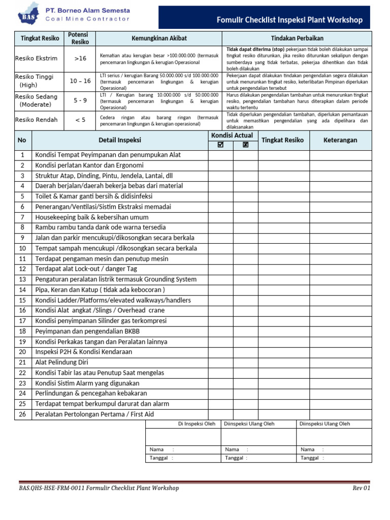 BAS.QHS-HSE-FRM-0011 Weekly Safety Checklist Workshop (R1) | PDF