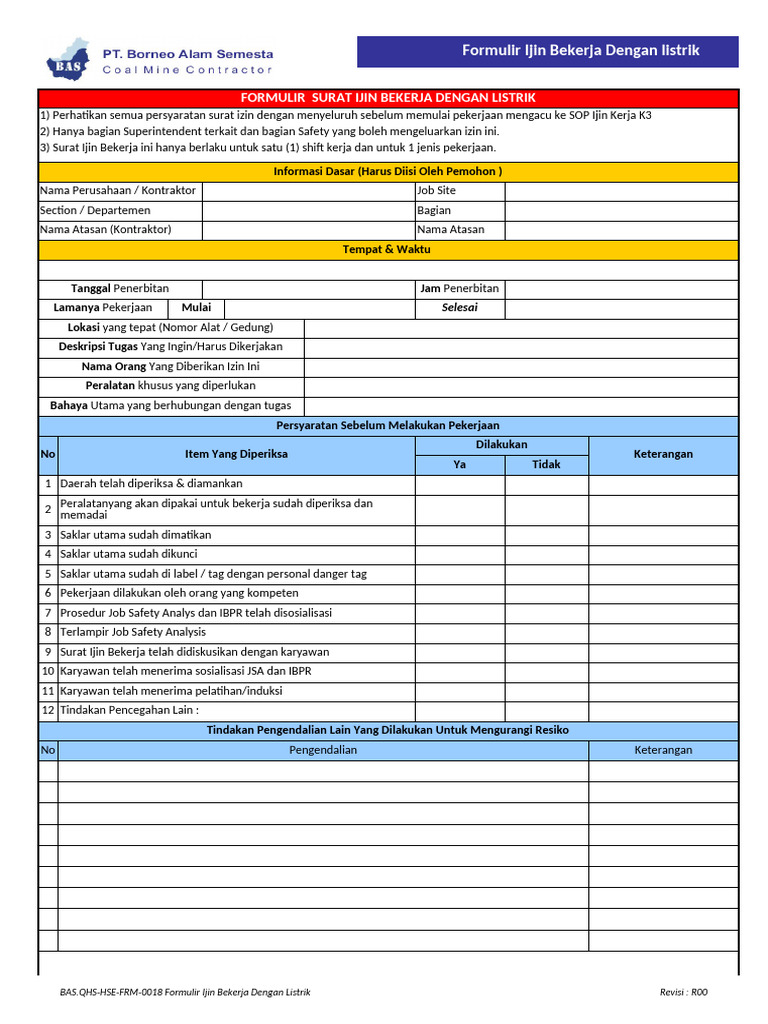 BAS - QHS-HSE-FRM-0018 Form Ijin Bekerja Dengan Listrik | PDF