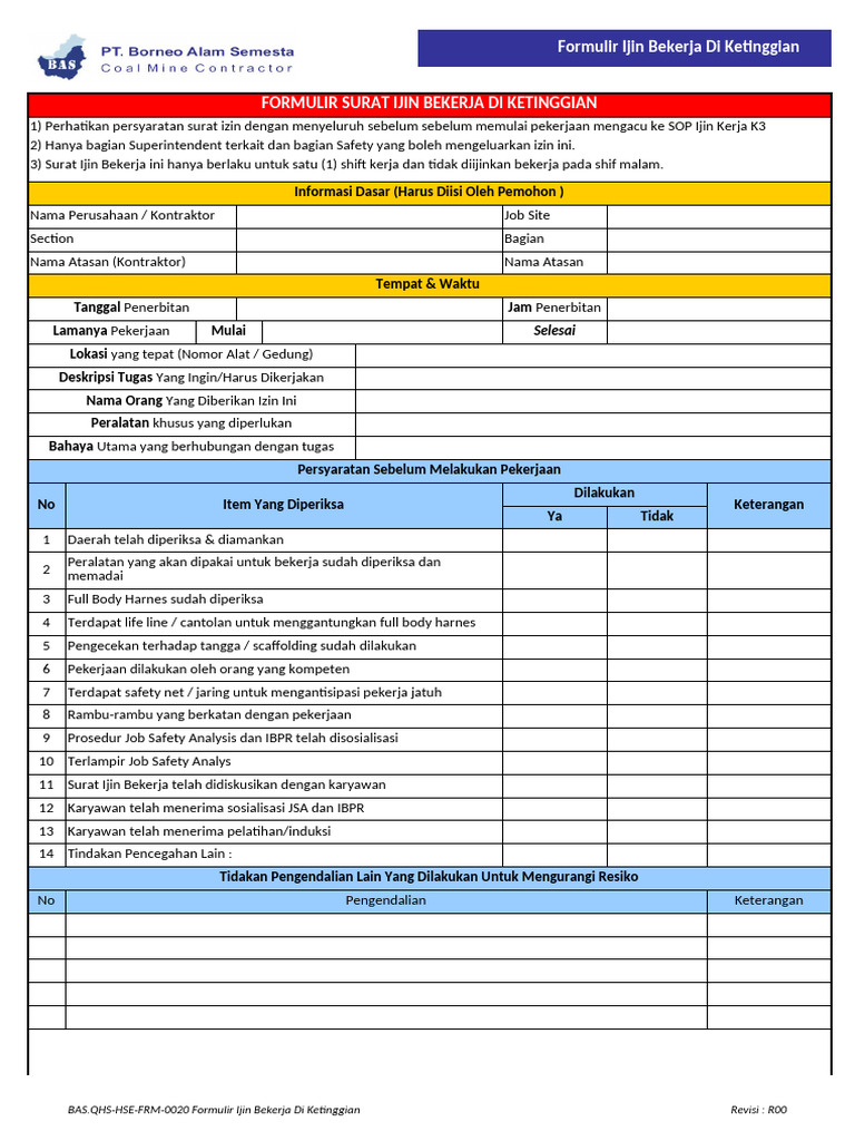 Formulir Ijin Bekerja Ketinggian K3 | PDF