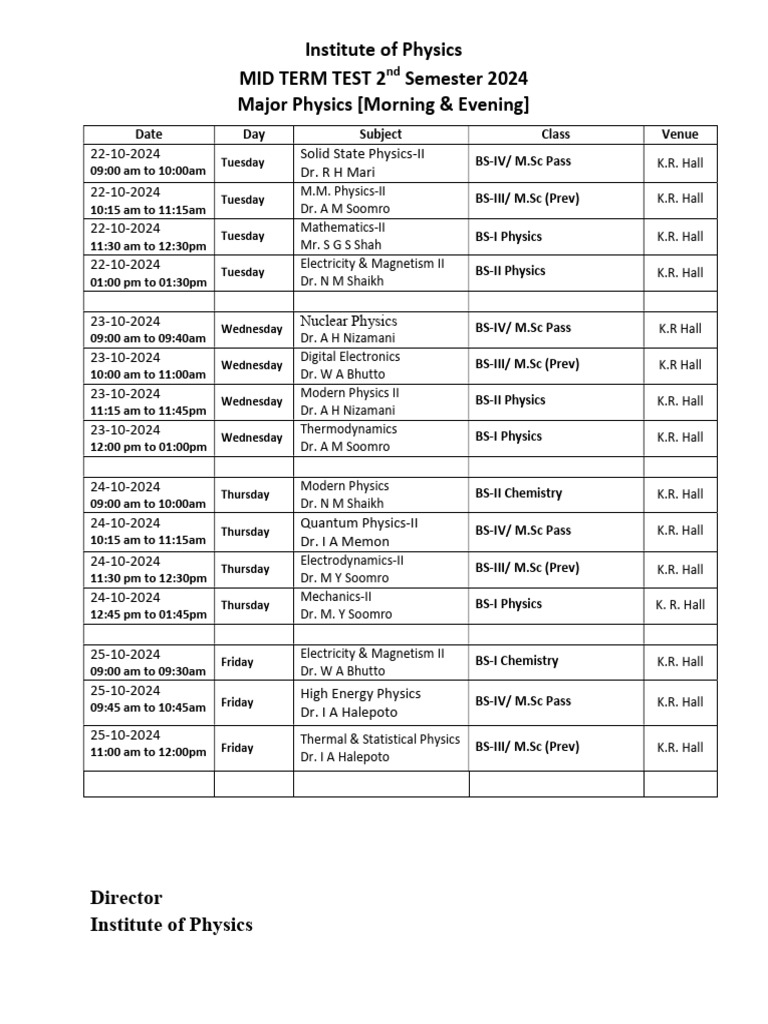Mis Term Time Table 2024 | PDF | Physics | Thermodynamics