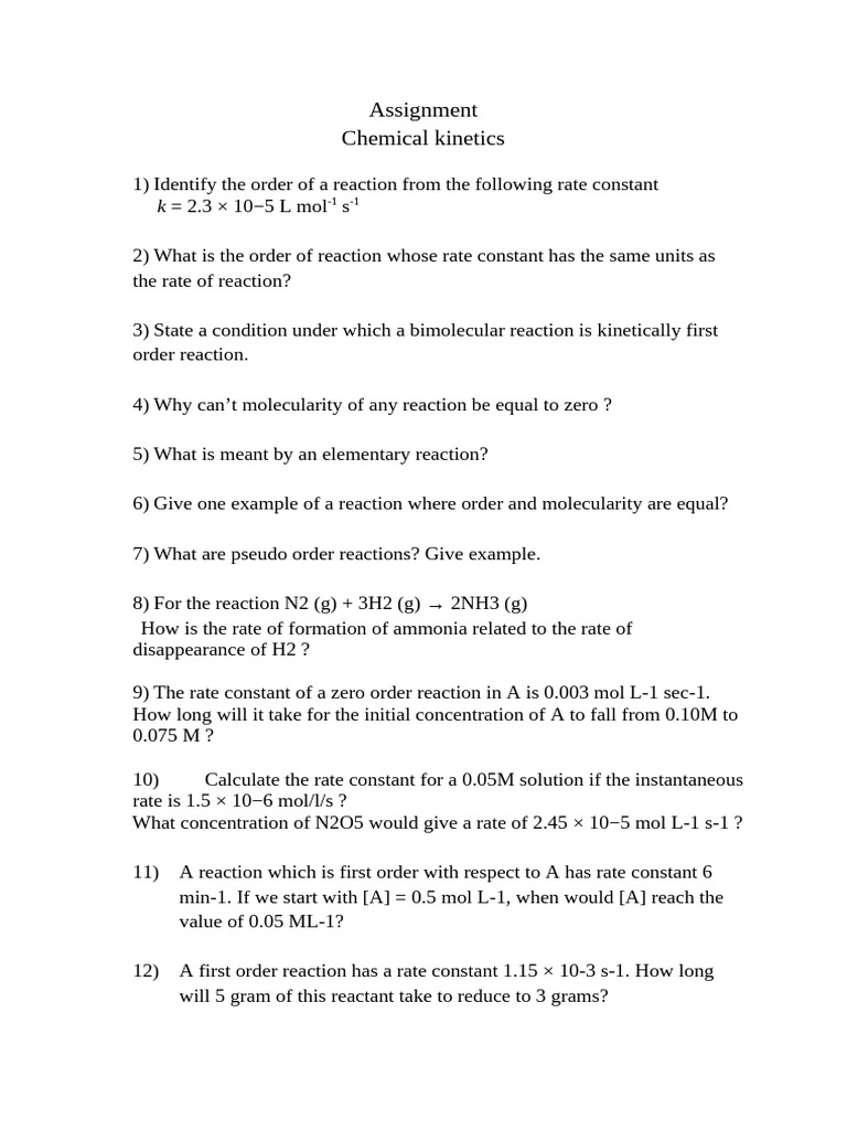 Assignment Chemical kinetics | PDF | Reaction Rate | Reaction Rate Constant