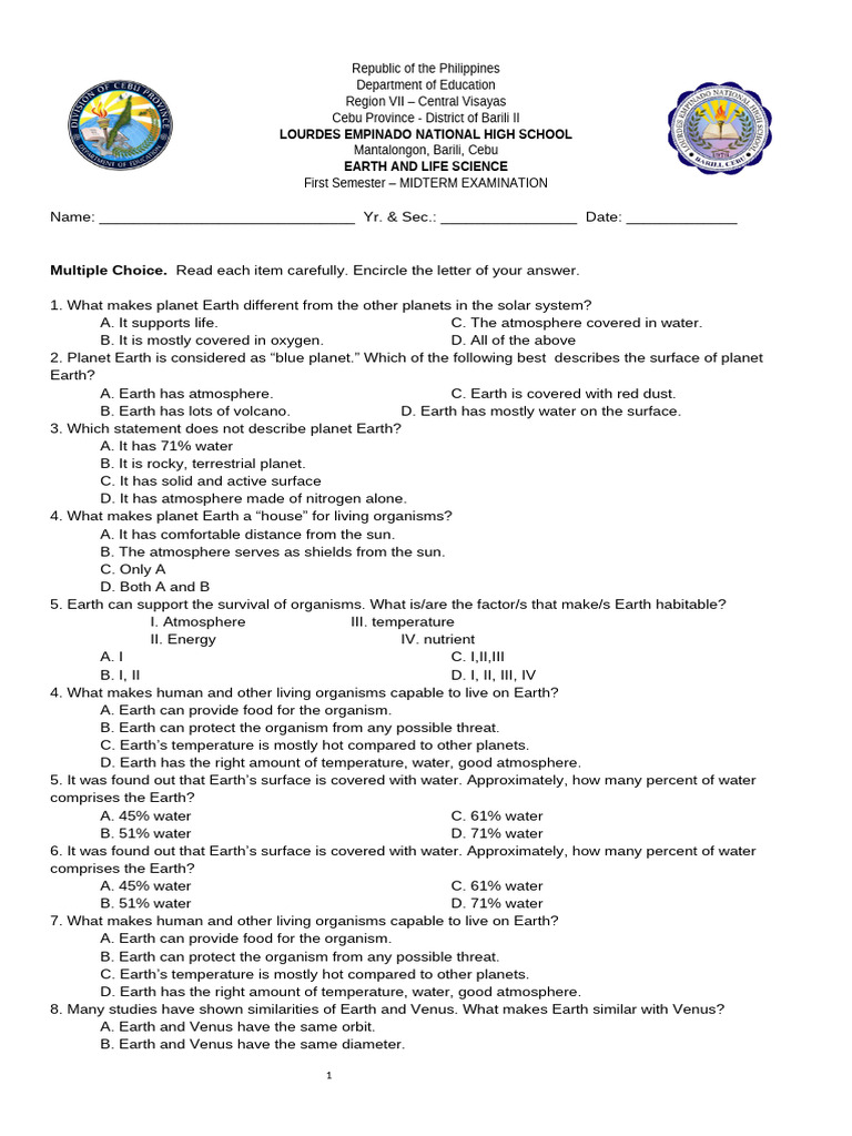 Earth and Life Science Summative Exam | PDF | Rock (Geology) | Earth ...