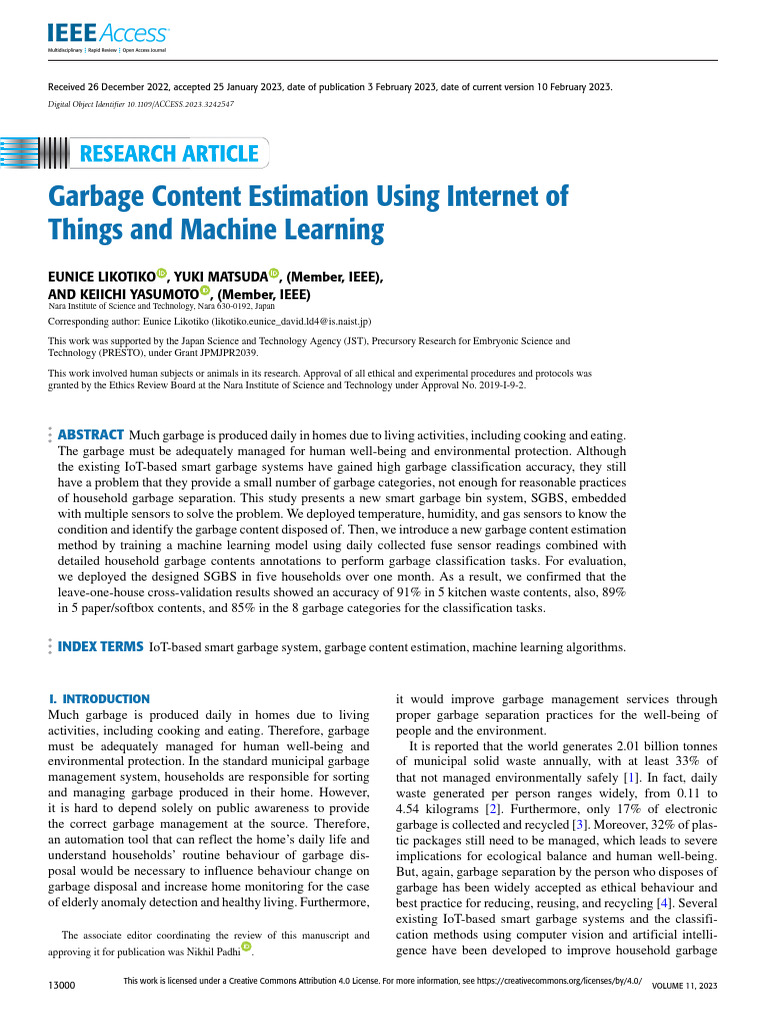 Garbage Content Estimation Using Internet of Things and Machine Learning | PDF | Cross ...