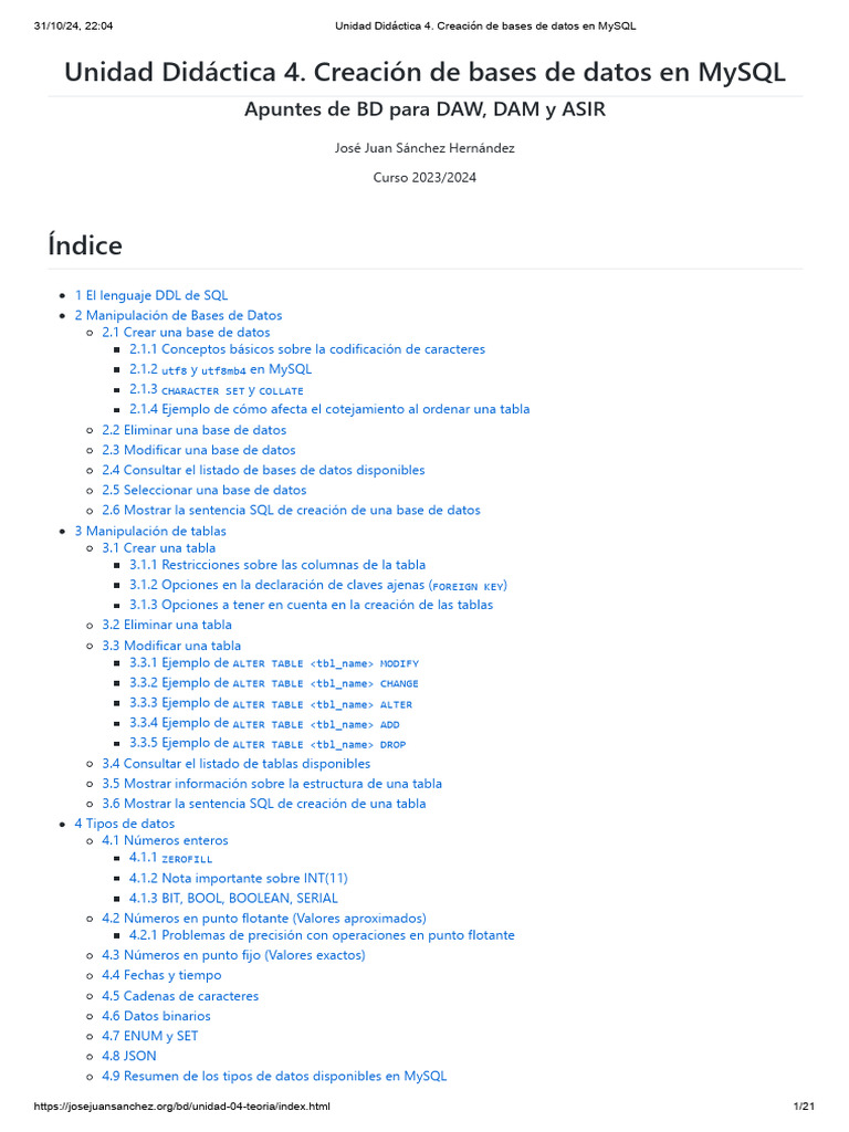 Unidad Didáctica 4. Creación de Bases de Datos en MySQL | PDF | SQL | Recuperación de información