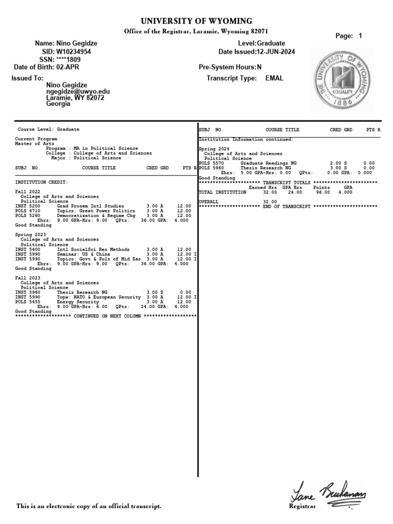 Graduate Transcript: Nino Gegidze | PDF | Course Credit | Students