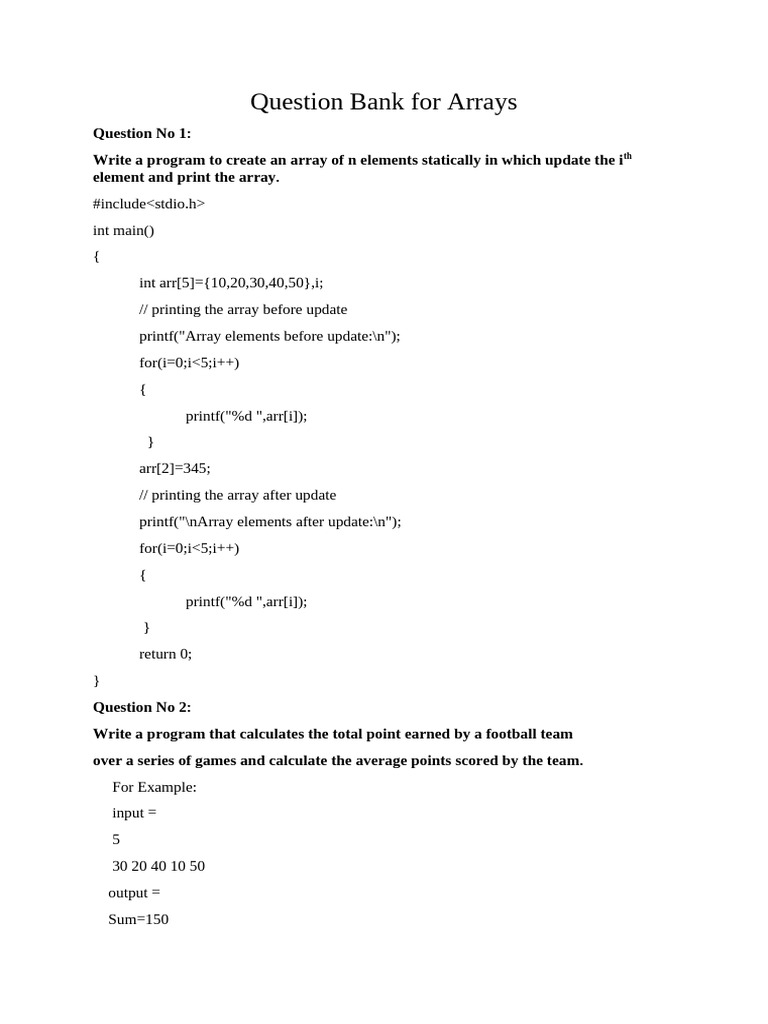 Question Bank For Arrays | PDF | Pointer (Computer Programming) | Variable (Computer Science)
