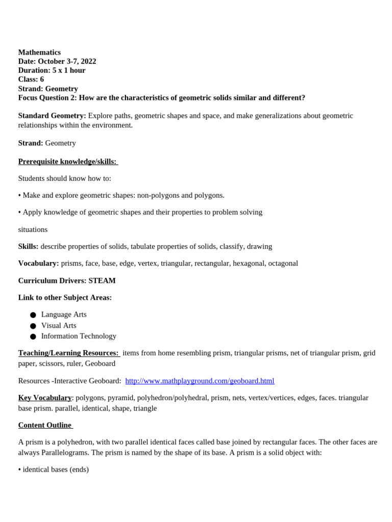 Term 1 Mathematics Lesson Plans - PRISMS AND PYRAMIDS | PDF | Shape ...